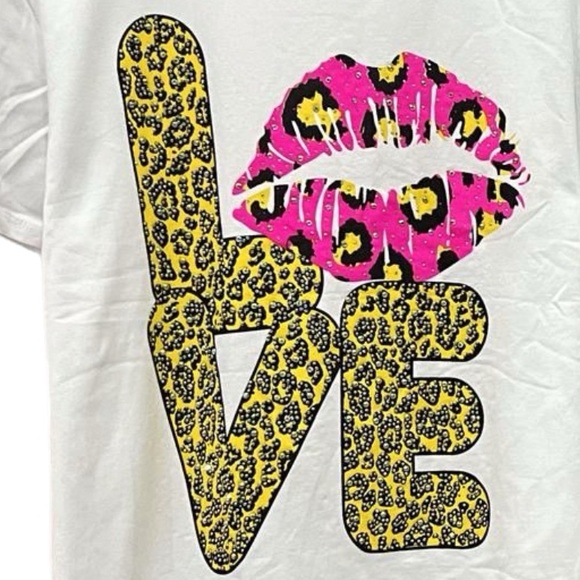 Over Apparel | Tops | Womens White Rhinestone Tee With Leopard Love ...